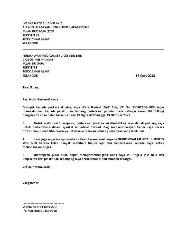 Notis Berhenti Kerja | PDF