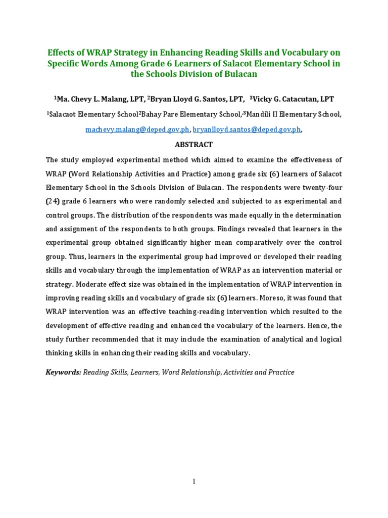 Effects of WRAP Strategy in Enhancing Reading Skills and Vocabulary on ...