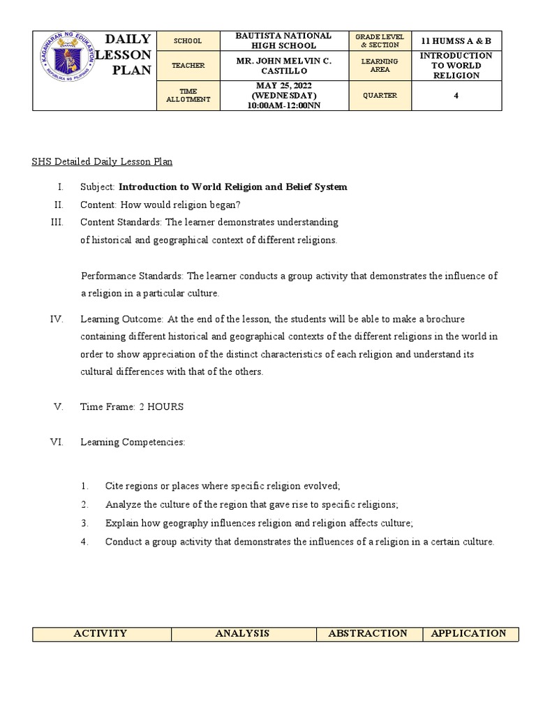 Daily Lesson Plan World Religion Q4 | PDF | Learning | Temple