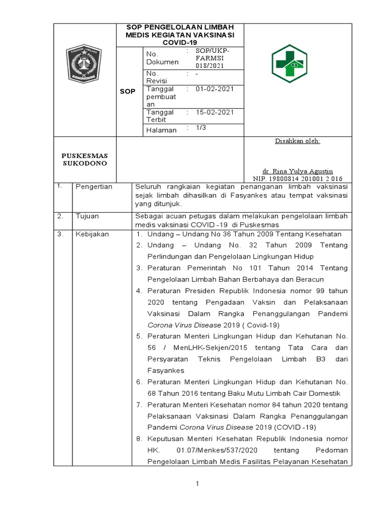 Sop Pengelolaan Limbah Medis Kegiatan Vaksinasi COVID-19: Corona Virus Disease 2019 (Covid-19 ...