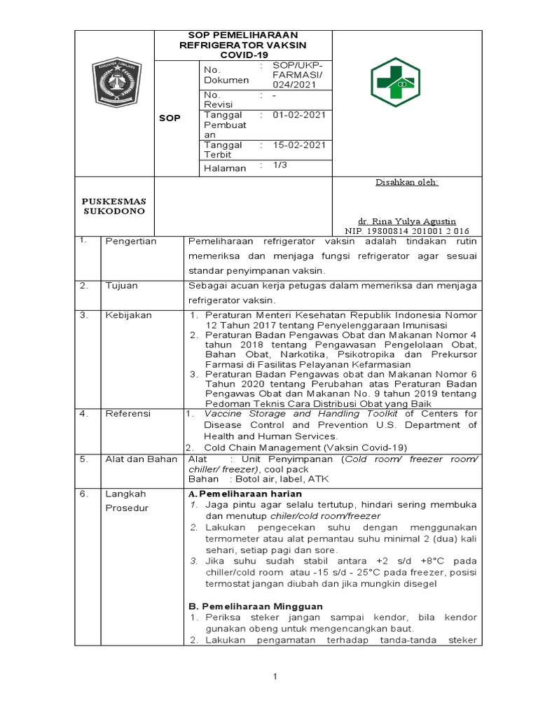 SOP Pemeliharaan Refrigerator Vaksin | PDF