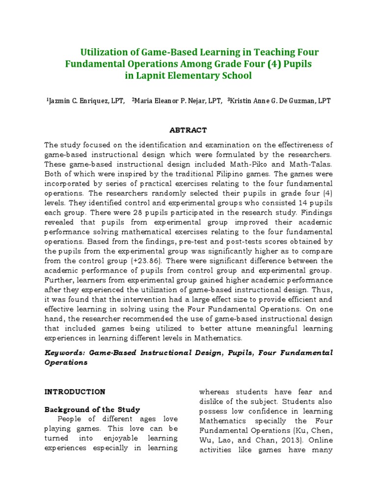 Utilization of Game-Based Learning in Teaching Four Fundamental ...