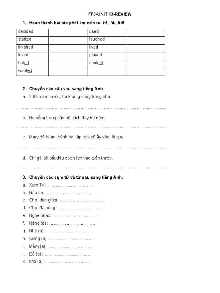 Ff3-Unit 13-Review 1. Hoàn thành bài tập phát âm ed sau: /t/, /d/, /id/ | PDF