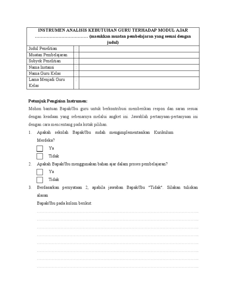 Instrumen Analisis Kebutuhan Guru Terhadap Modul Ajar | PDF