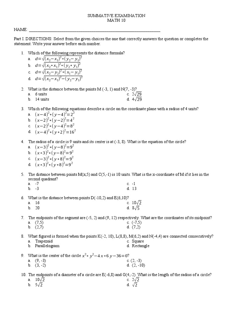Midpoint and Distance Formula Exam | PDF | Circle | Mathematical Objects