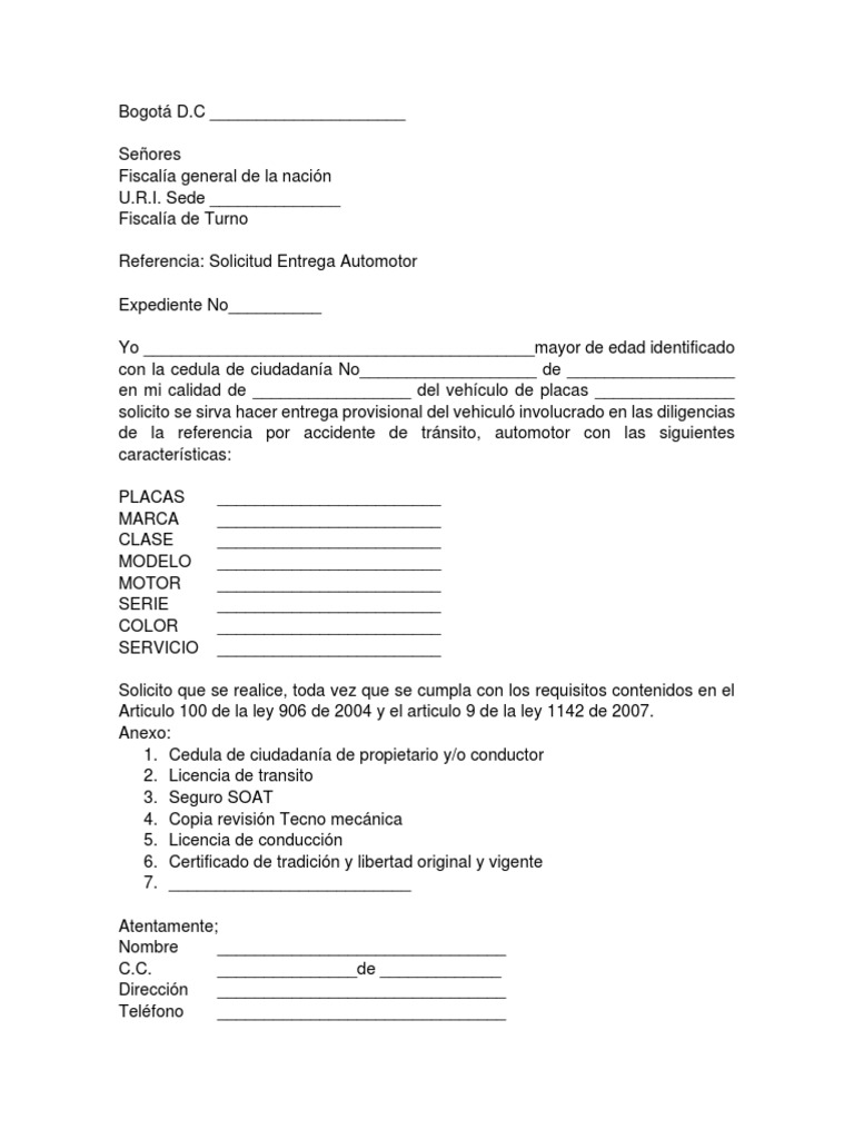 Solicitud Entrega Automotor U.R.I | PDF