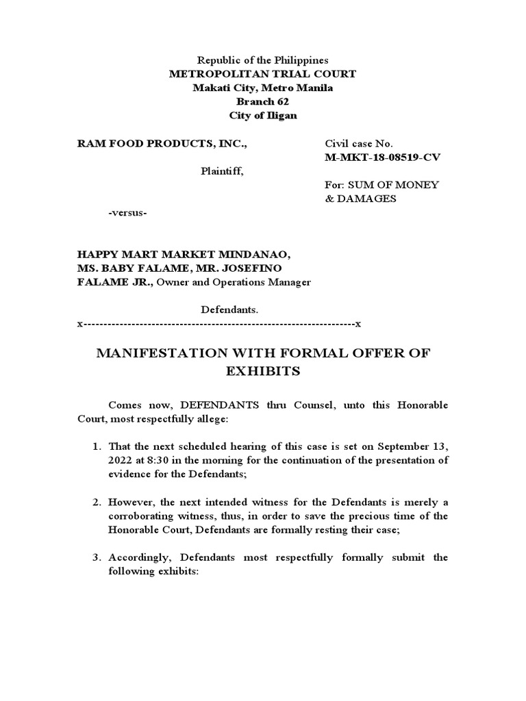 Ram Food Products - Manifestation and Offer of Evidence | PDF | Legal ...