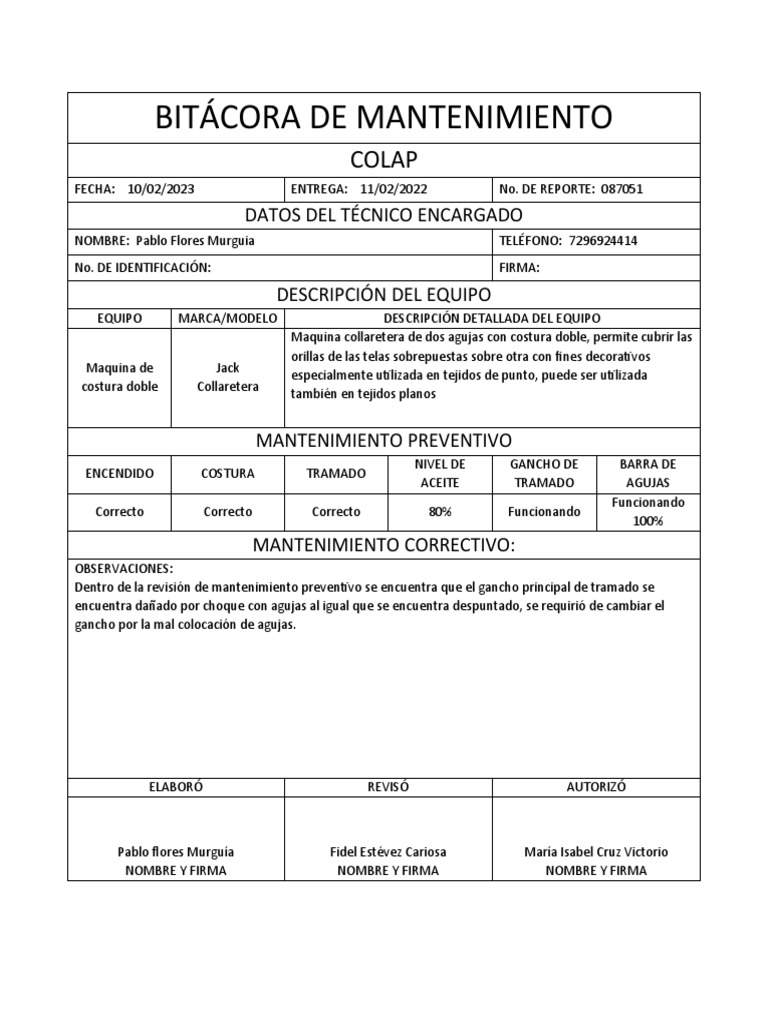 Ejemplo de Bitácora de Mantenimiento | PDF