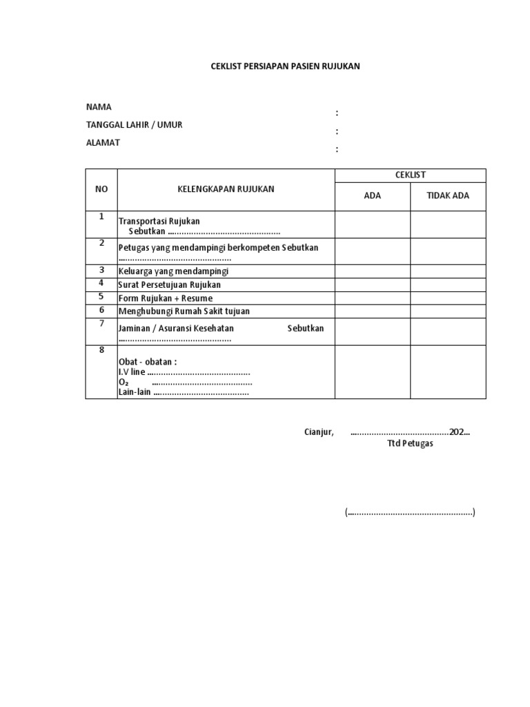 Ceklist Persiapan Pasien Rujukan | PDF