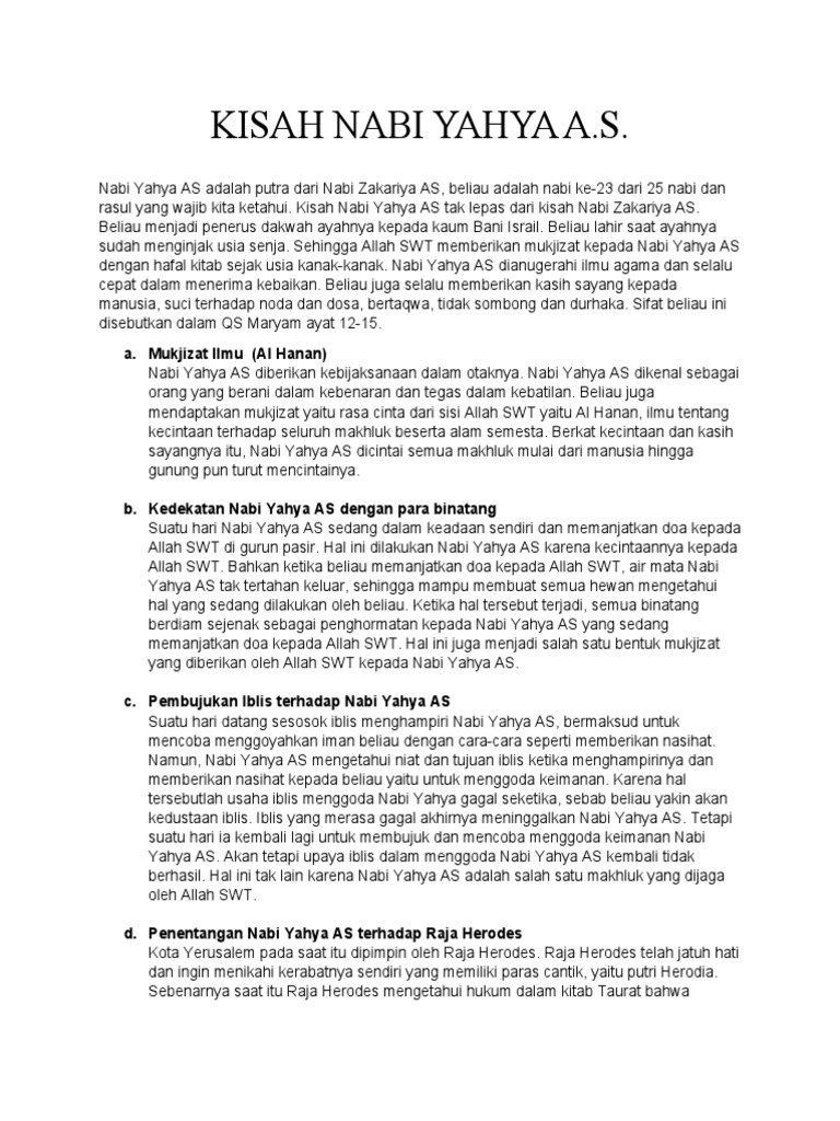 Kisah Nabi Yahya (Tugas PAI) | PDF