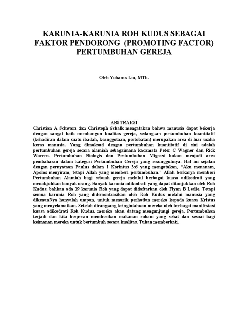 Karunia-Karunia Roh Kudus Sebagai Faktor Pendorong Pertumbuhan Gereja | PDF