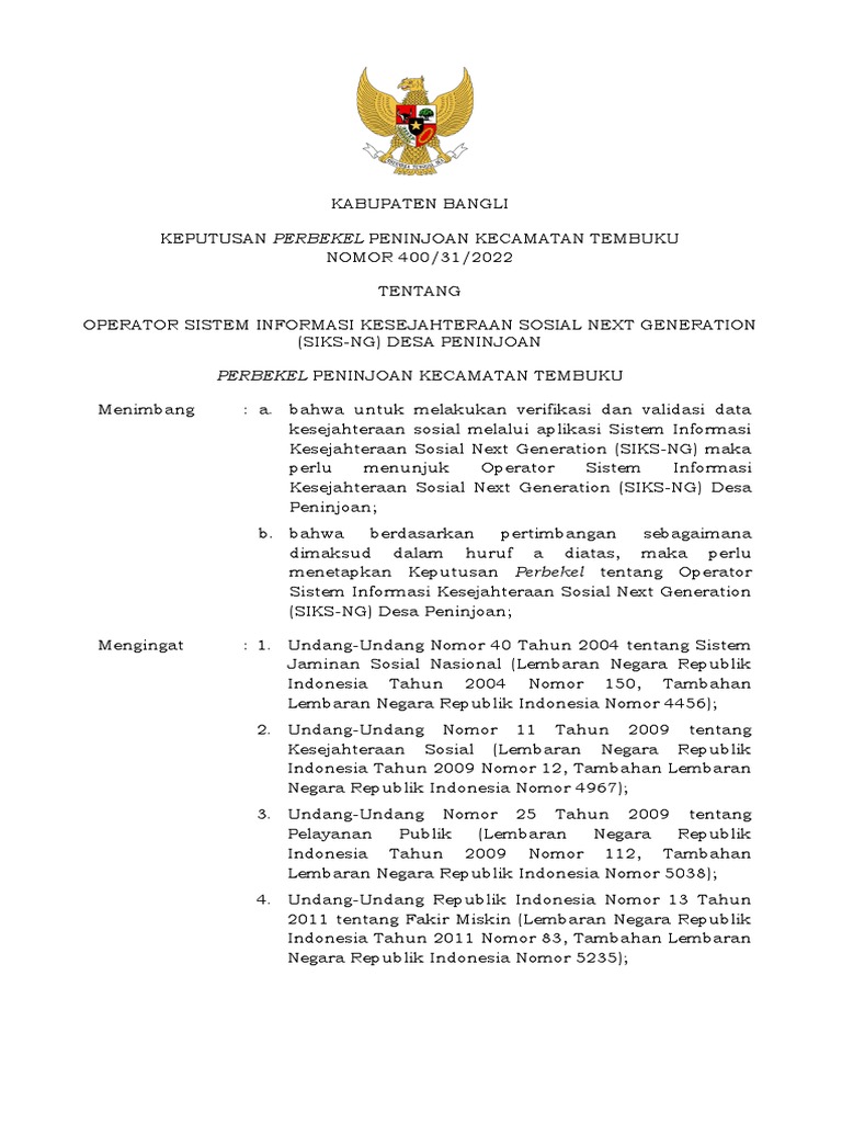 Penunjukan Operator SIKS-NG Desa Peninjoan | PDF