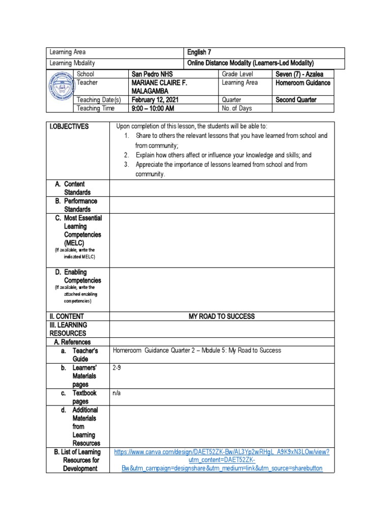 Lesson Exemplar - Home Room Guidance | PDF | Learning | Teachers