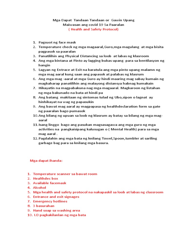 Health and Safety (Mga Apat Tandaan Sa Darating Na Pasukan | PDF