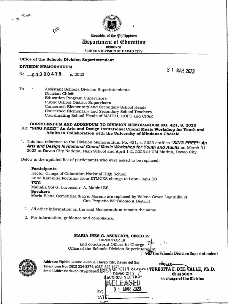2023-DM No. 476- CORRIGENDUM AND ADDENDUM TO DIVISION MEMORANDUM NO. 421 SERIES 2023 RE SING ...
