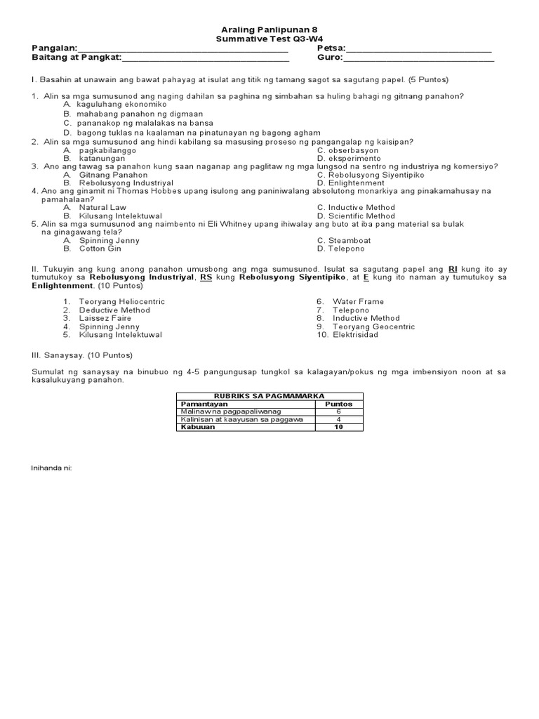 AP8-Q3-SummativeTest-Week 4 | PDF