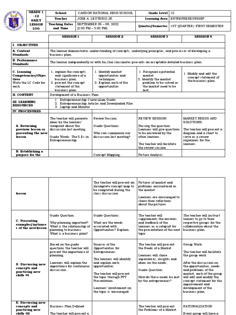 DLL 3RD Week Entrepreneurship | PDF | Teachers | Learning