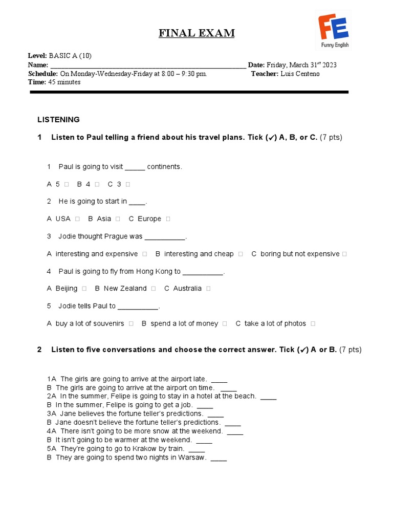 Final Exam Pre Basic 10 | PDF