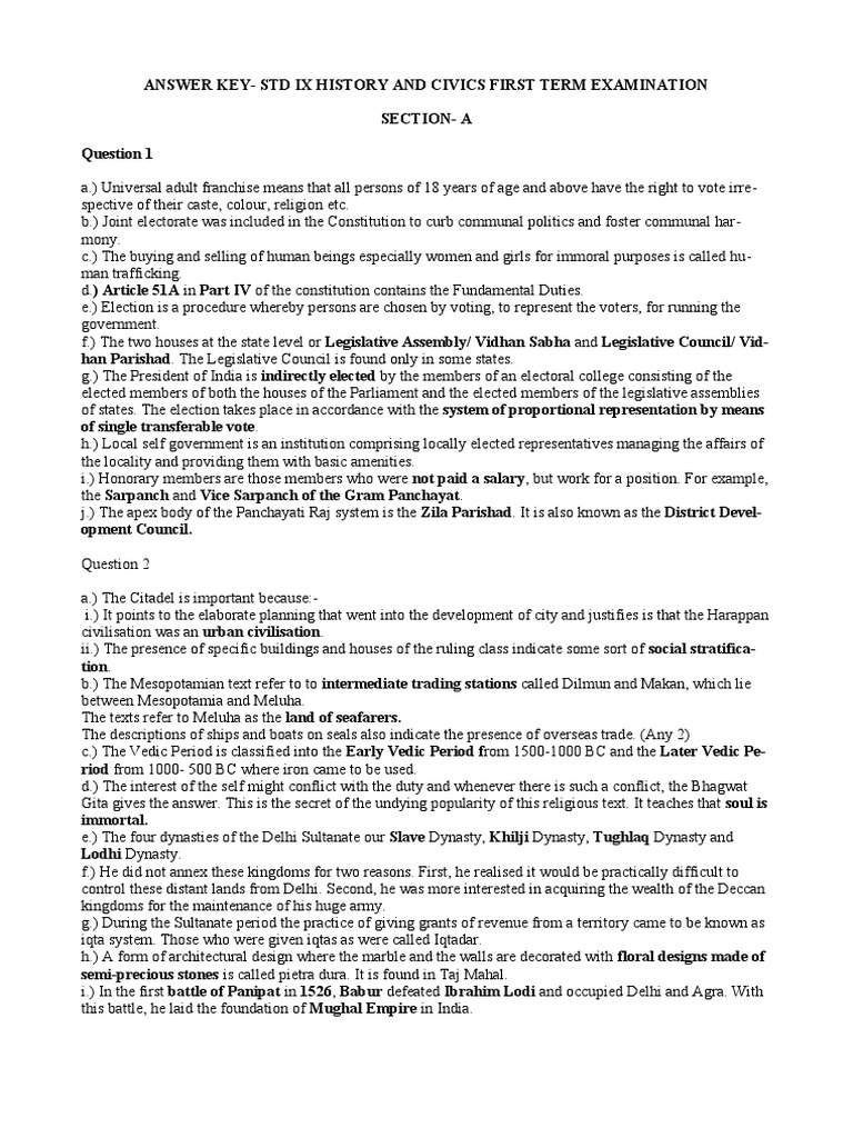 STD Ix - History and Civics Answer Key | PDF | Government