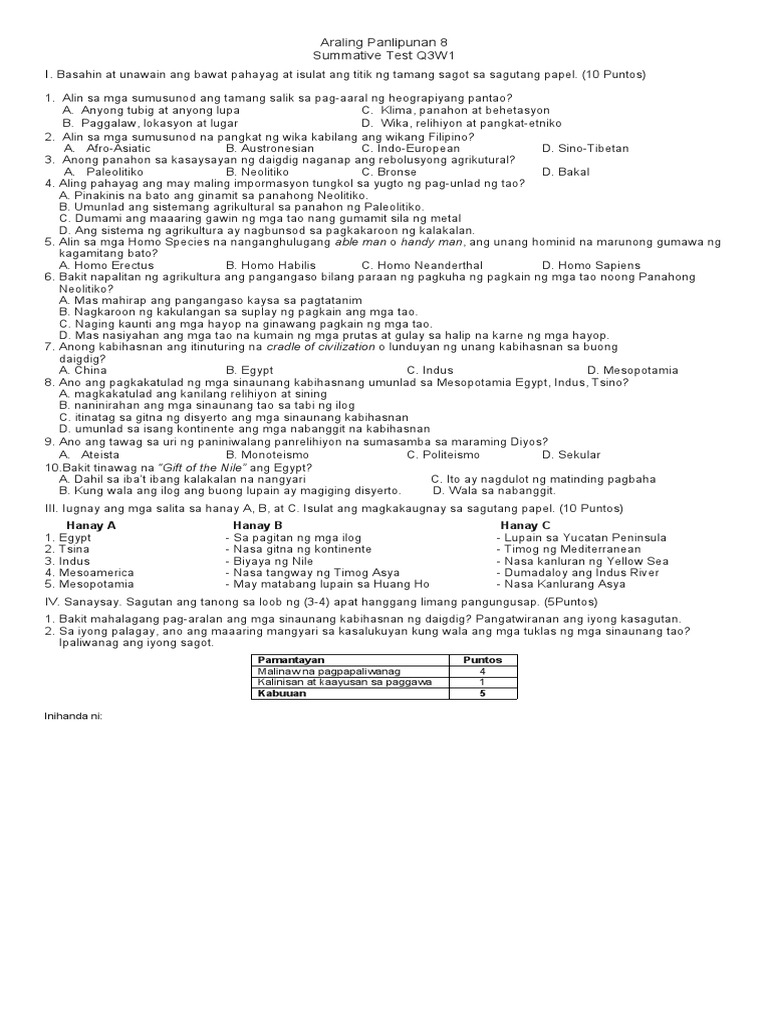 AP8-Q3-SummativeTest-Week 1 | PDF