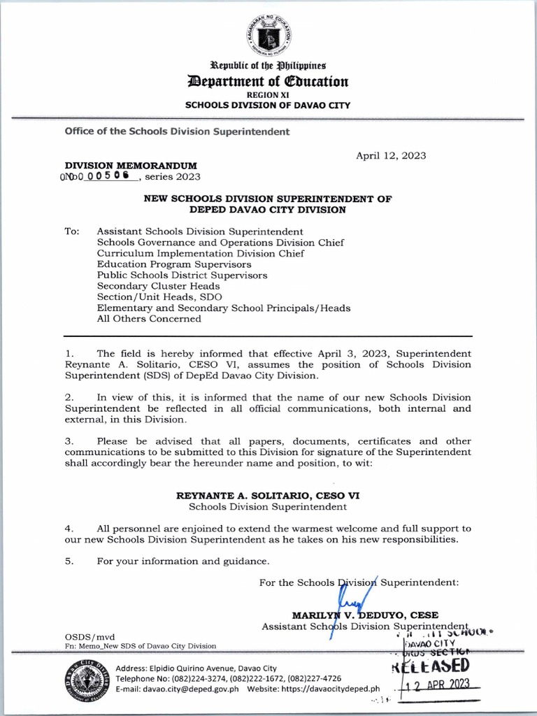 2023-DM No. 506 - NEW SCHOOLS DIVISION SUPERINTENDENT OF DEPED DAVAO CITY | PDF