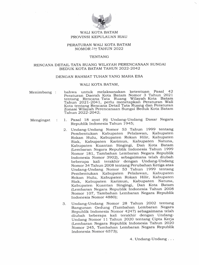 Perwako 249 Tentang RDTR WP Sugnai Beduk Kota Batam Tahun 2022-2042 | PDF