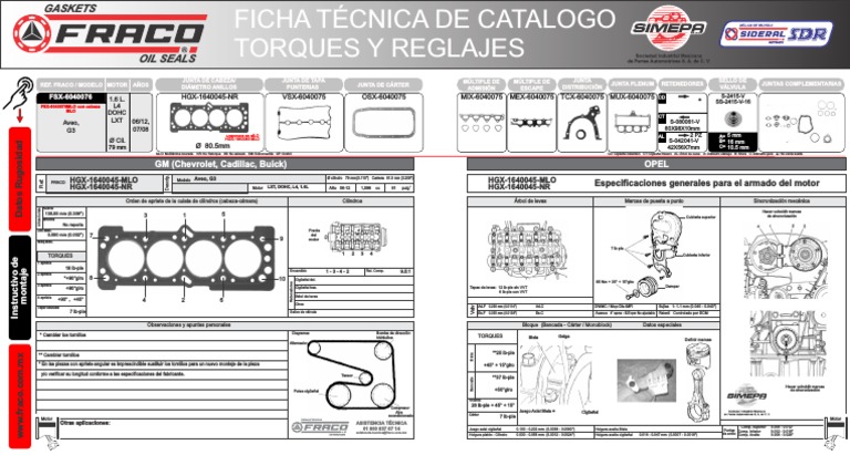 Ficha Técnica de Catalogo Torques Y Reglajes: GM (Chevrolet, Cadillac ...