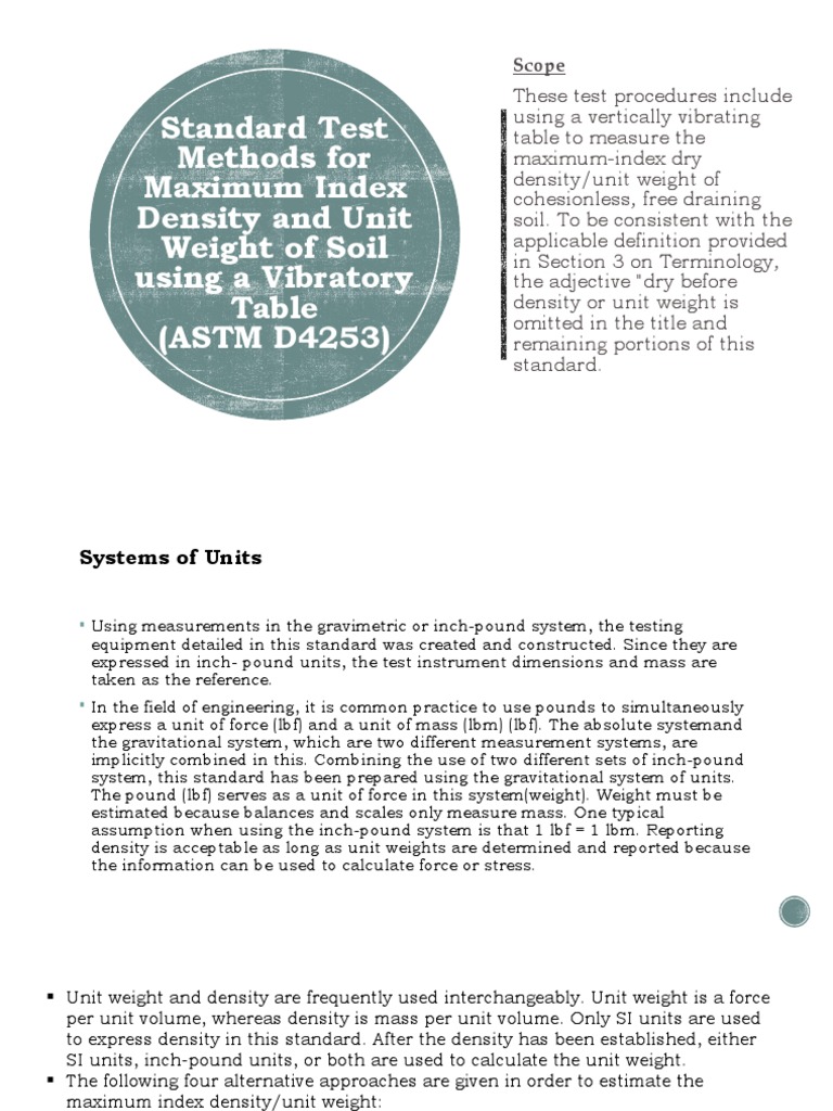 Standard Test Methods For Maximum Index Density and Unit Weight of Soil ...