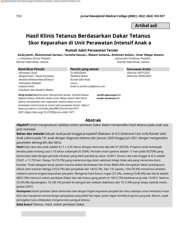 Hasil Klinis Tetanus Berdasarkan Dakar Tetanus: Skor Keparahan Di Unit ...