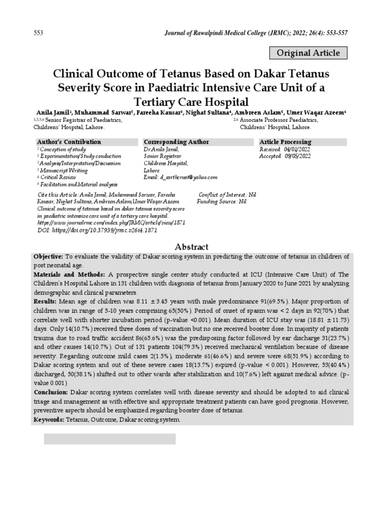 Clinical Outcome of Tetanus Based On Dakar Tetanus Severity Score in ...