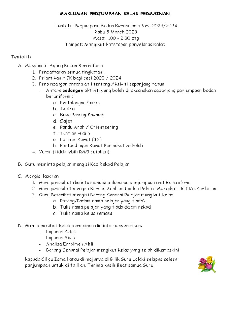 Maklumat Perjumpaan Unit Beruniform | PDF