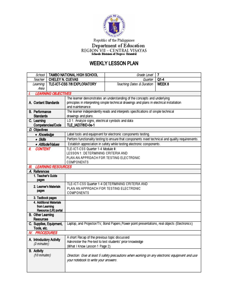 Department of Education Weekly Lesson Plan: I. Learning Objectives ...