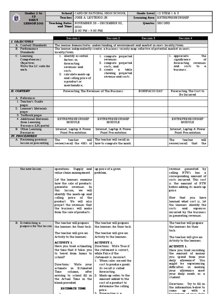 Dll-4th-Week - Entrepreneurship | PDF | Cost Of Goods Sold | Cost