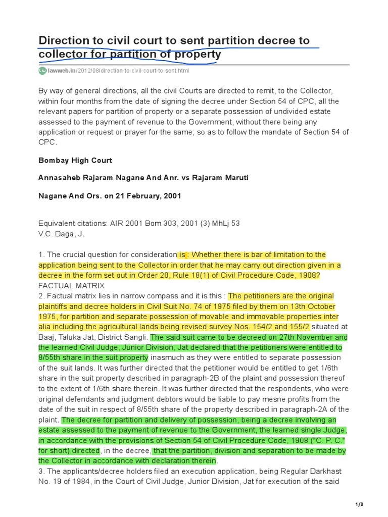 Direction To Civil Court To Sent Partition Decree To Collector For ...