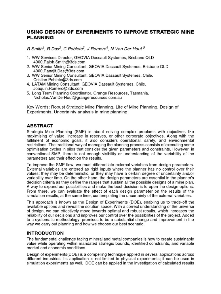 PAPER - Using Design of Experiments To Improve Strategic Mine Planning ... PAPER - Using Design of Experiments To Improve Strategic Mine Planning ...