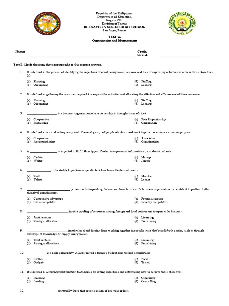 Buenavista Senior High School Test in Organization and Management Name ...