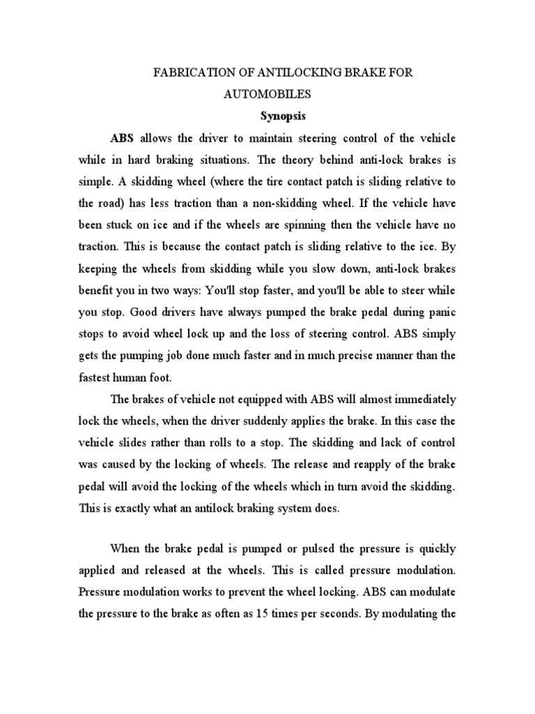 Dcp070 Fabrication Of Antilocking Brake For Automobiles Pdf Anti Lock Braking System Brake