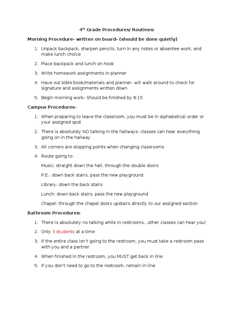 4th Grade Procedures | PDF | Homework | Schools