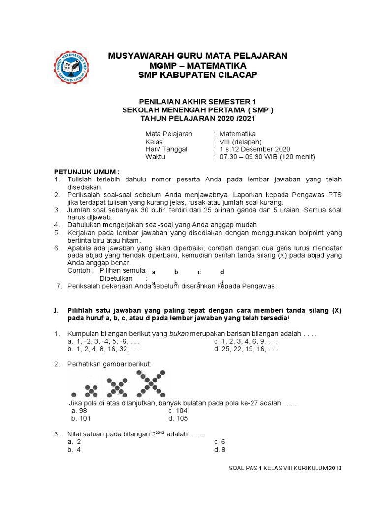 Matematika Kelas Viii Pas 1 2020-2021 | PDF