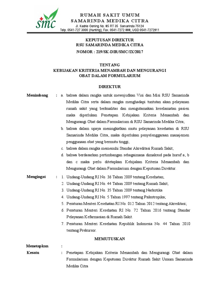 SK Kebijakan Kriteria Menambah Dan Mengurangi Obat Formularium | PDF