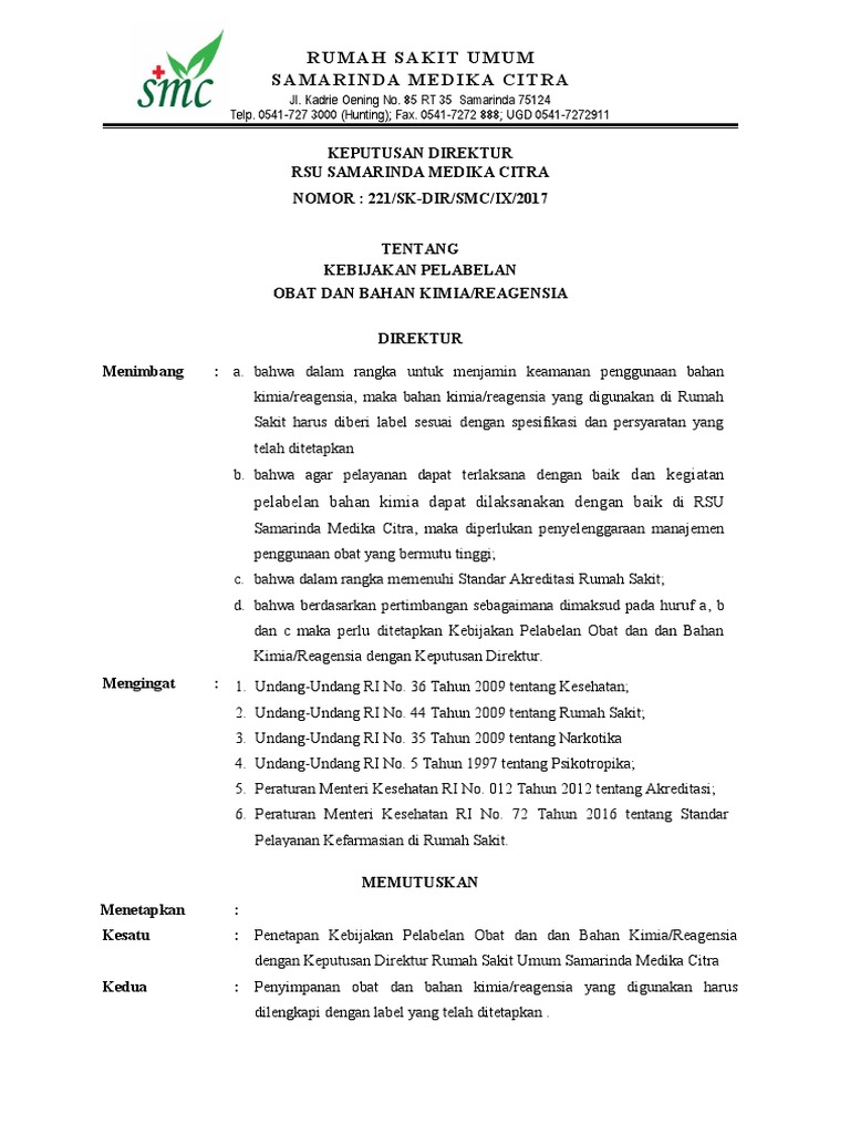 SK Kebijakan Pelabelan Obat Dan Dan Bahan Kimia Reagensia | PDF