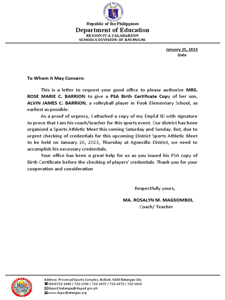 LETTER OF URGENCY For Sports and Athletic Meet | PDF