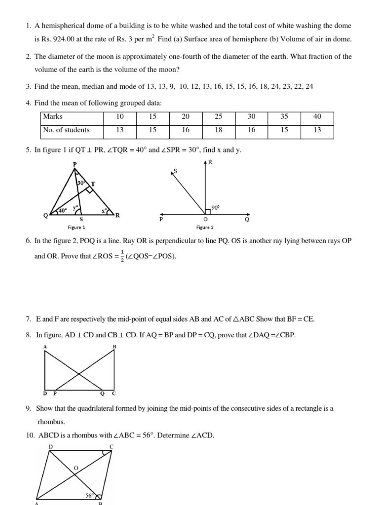 Mathematics Worksheet STD 9 | PDF