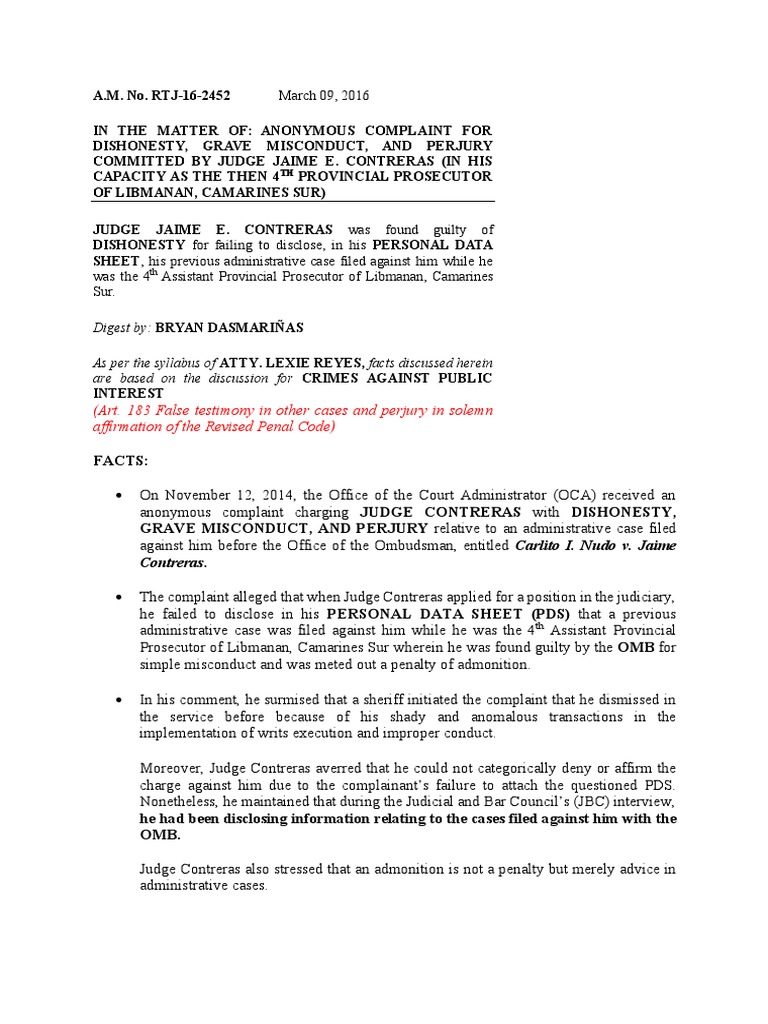 Judge Contreras Found Guilty of Dishonesty | PDF | Perjury | Prosecutor