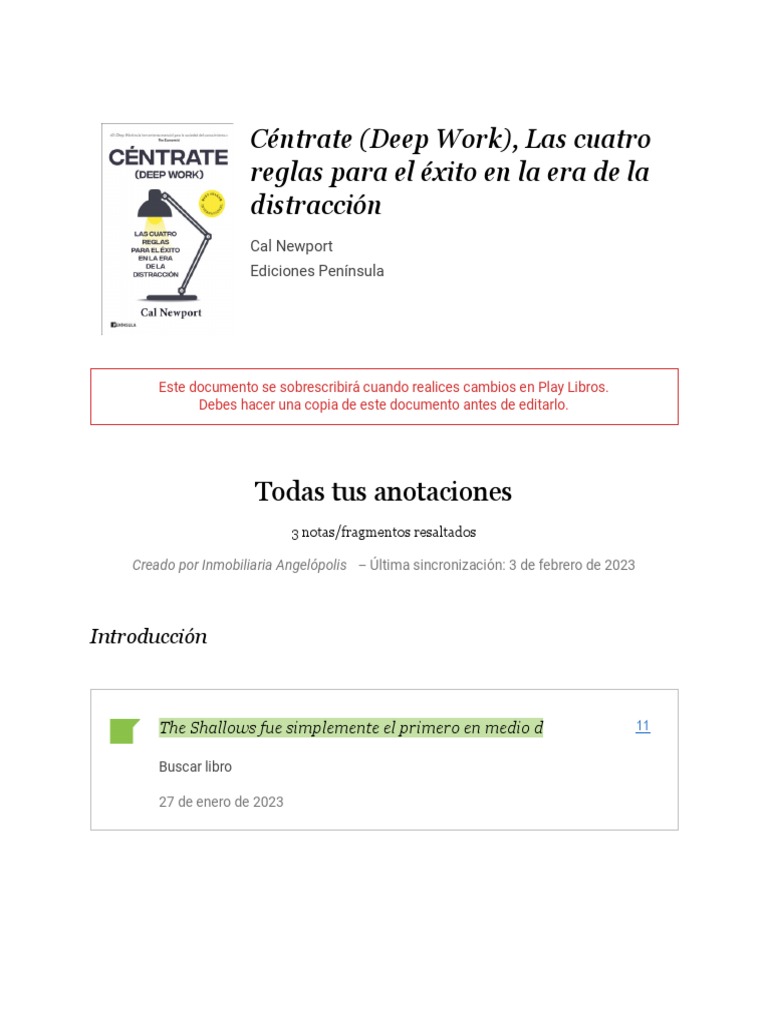 Notas de - Céntrate (Deep Work), Las Cuatro Reglas para El Éxito en La Era de La Distracción ...