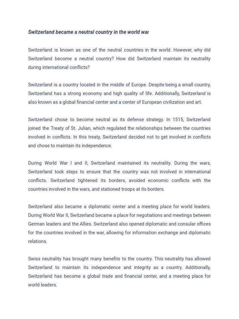 Switzerland Became A Neutral Country in The World War | PDF ...