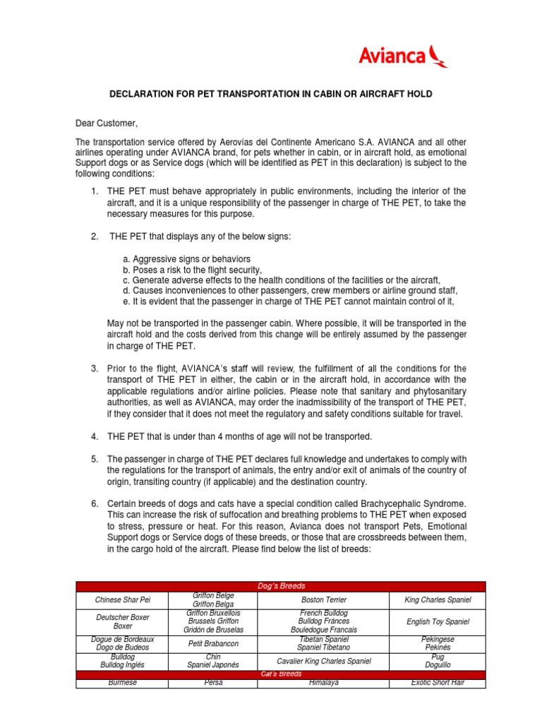 Avianca Pet Transportation Declaration | PDF | Dogs | Domesticated Animals