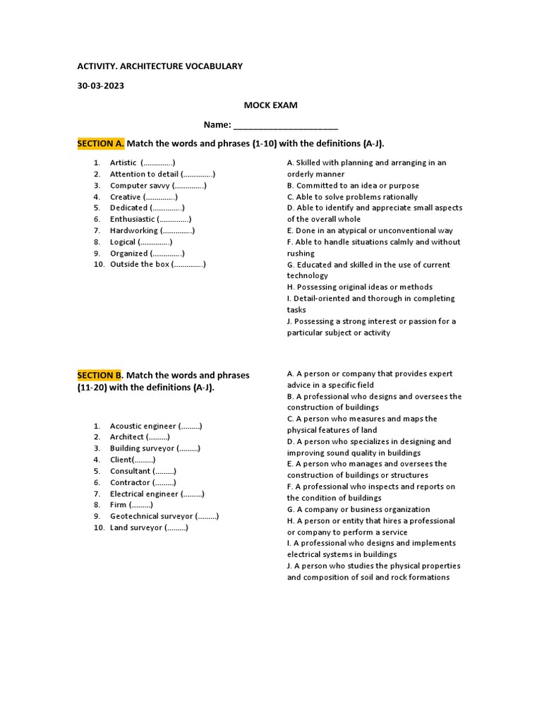 Activity. Architecture Vocabulary 30-03-2023 Mock Exam Name: - SECTION A. Match The Words and ...