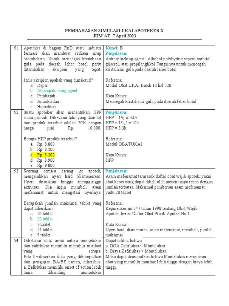 Pembahasan Simulasi Ukai Apoteker X-07 April 2023 | PDF