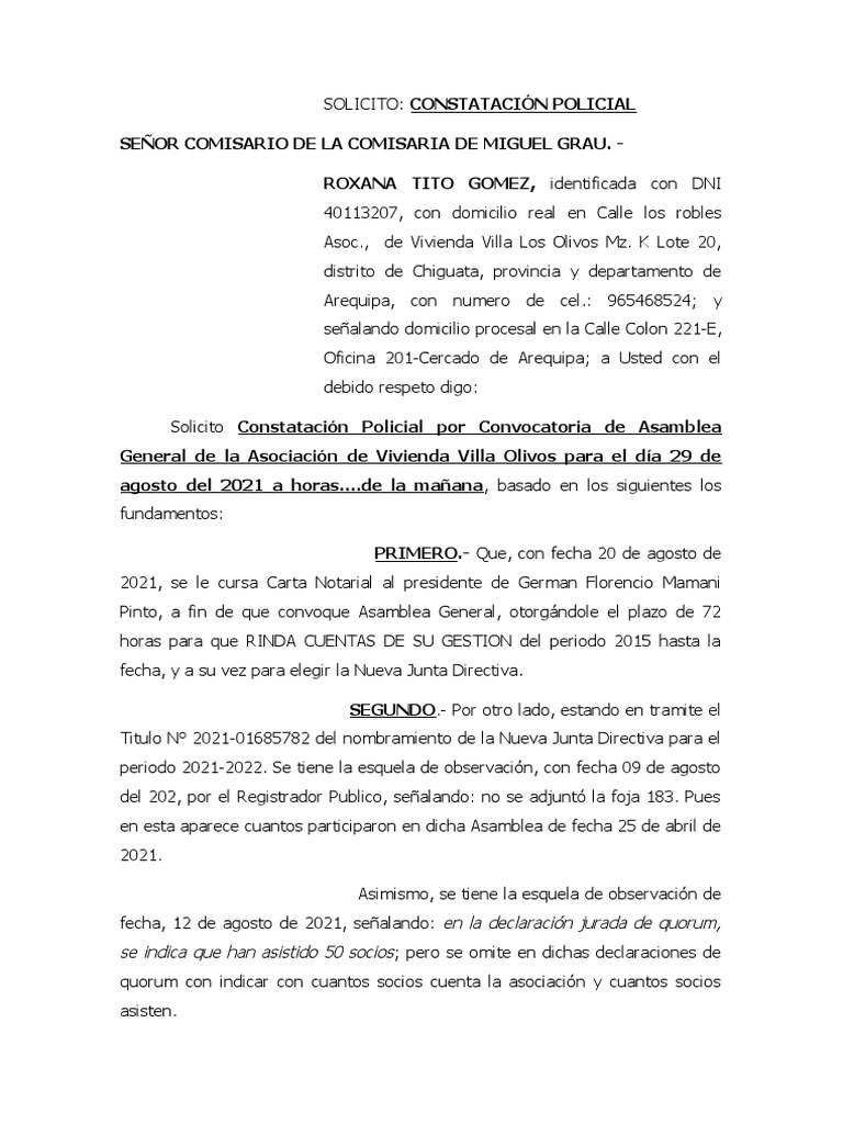 Solicitud Comisaria de Miguel Grau | PDF | Gobierno